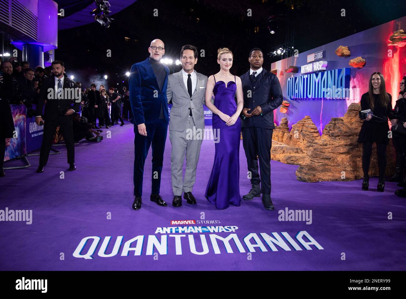 Director Peyton Reed, from left, Paul Rudd, Kathryn Newton and Jonathan Majors pose for ...
