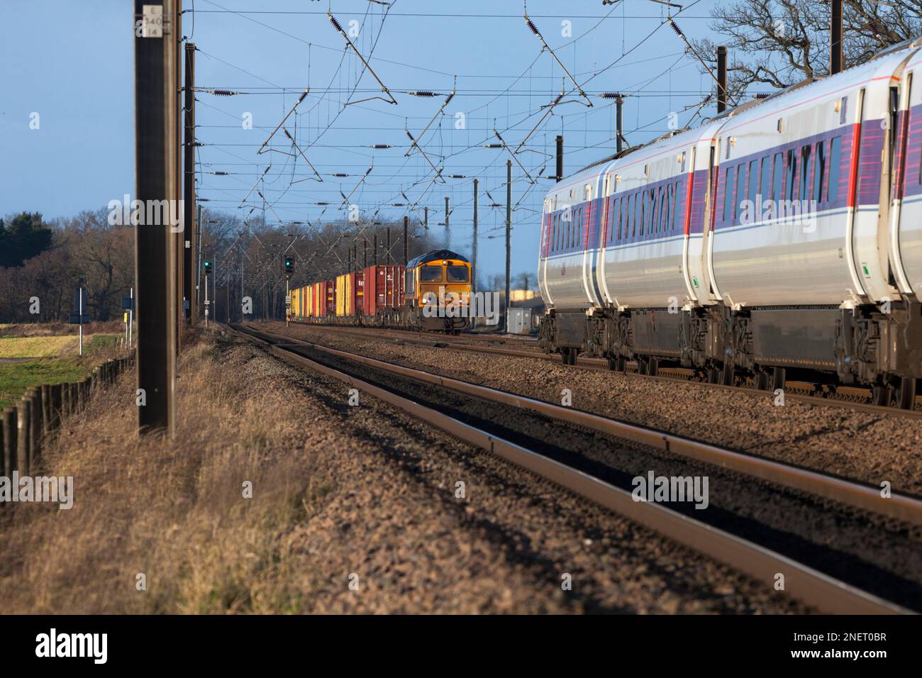 GB Railfreight class 66 locomotive with a intermodal container train ...