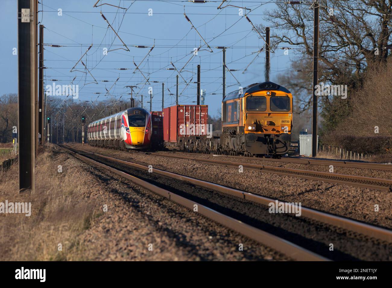 GB Railfreight class 66 locomotive with a intermodal container train ...