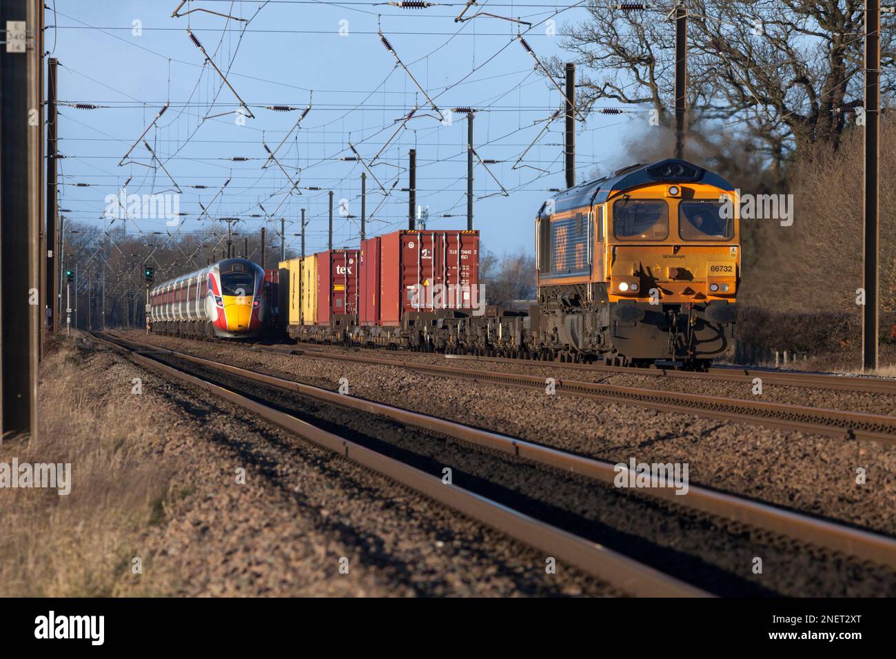 GB Railfreight class 66 locomotive with a intermodal container train ...