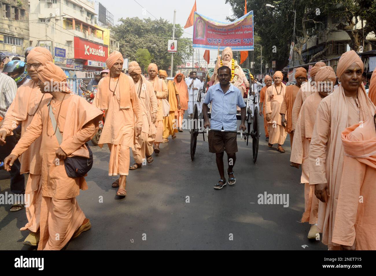 February 16, 2023, Kolkata, India: Hindu Monks on horse back take part ...