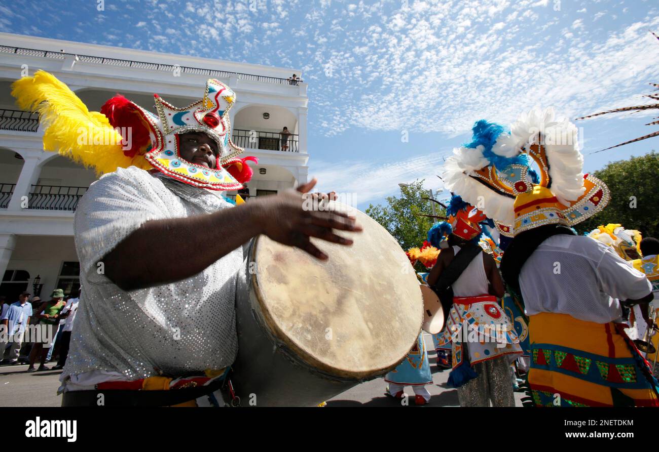 Band members with the Bahamas Junkanoo Revue, dance and perform during ...