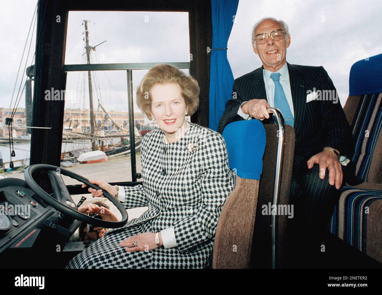 British Prime Minister Margaret Thatcher at the wheel of her bullet ...
