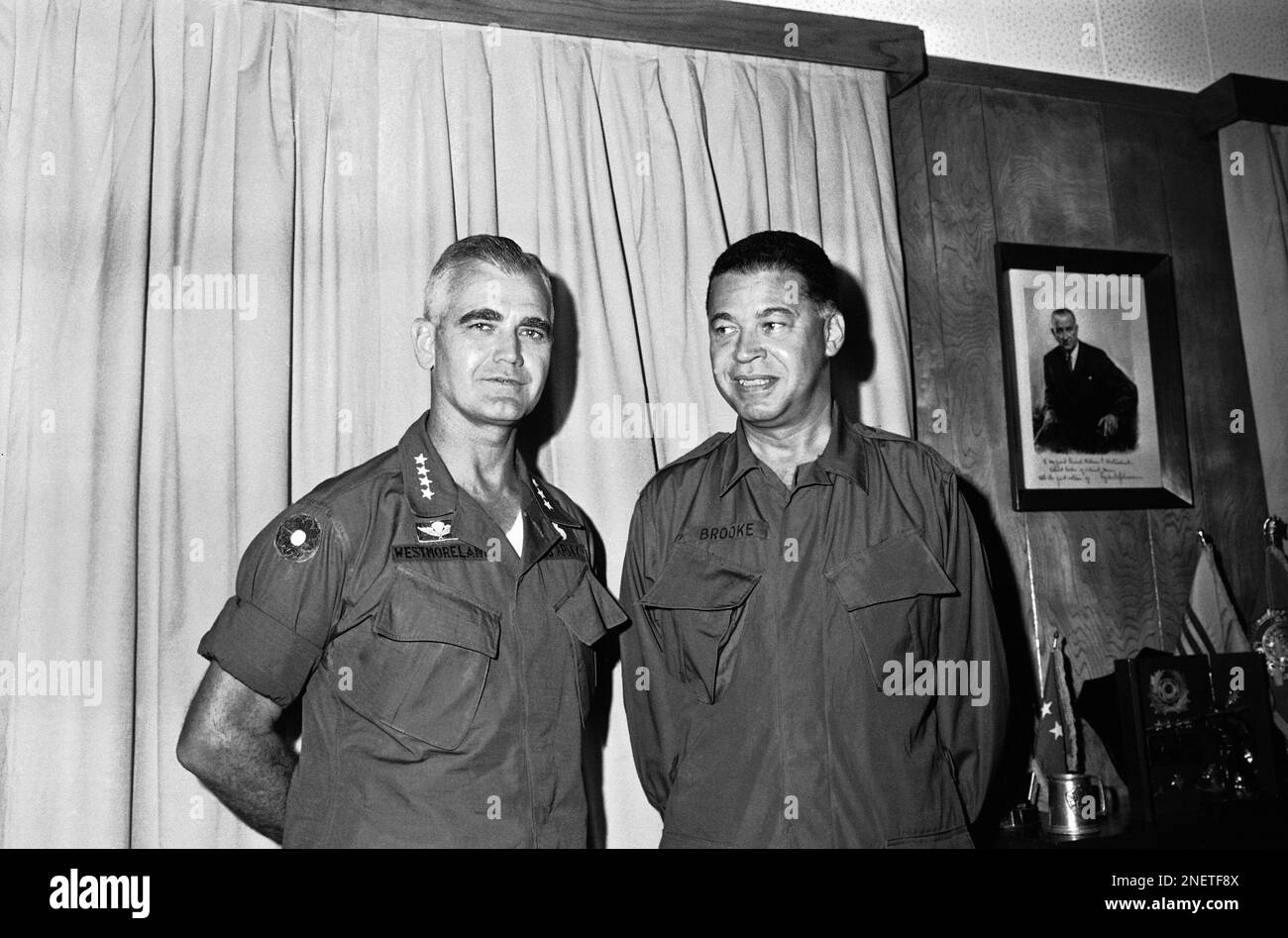 Sen. Edward W. Brooke, R-Mass., is greeted with a handshake by Gen. William C. Westmoreland in ...