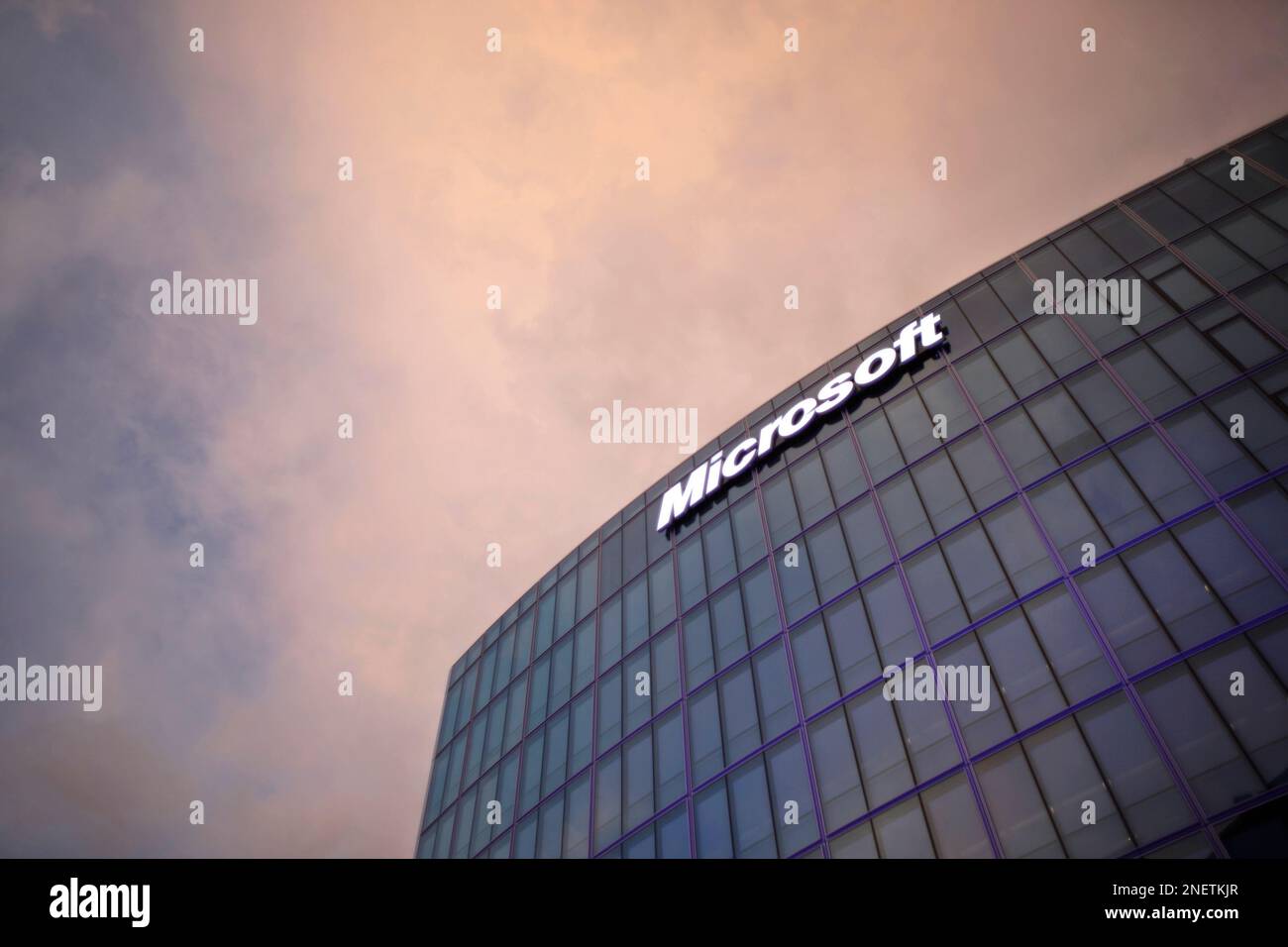 The Microsoft logo is seen on the new French branch office of Microsoft ...