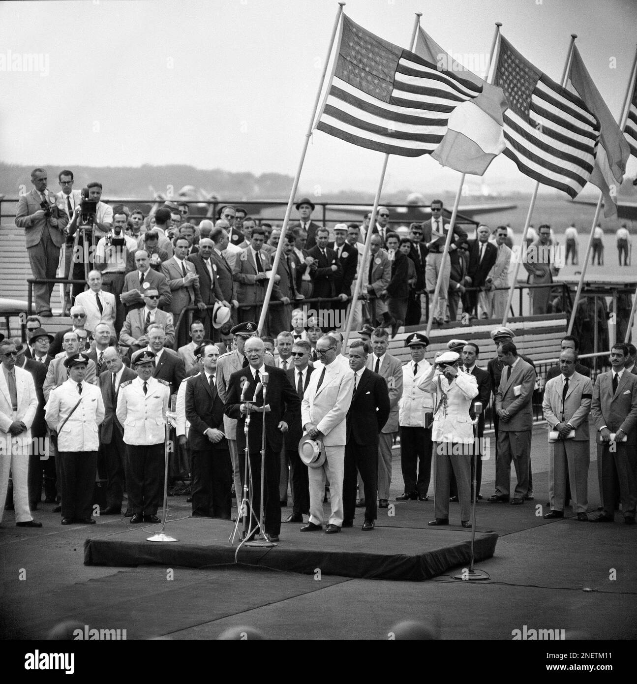 U.S.PresidentFDwight Eisenhower at Microphone at Buenos Aires airport ...
