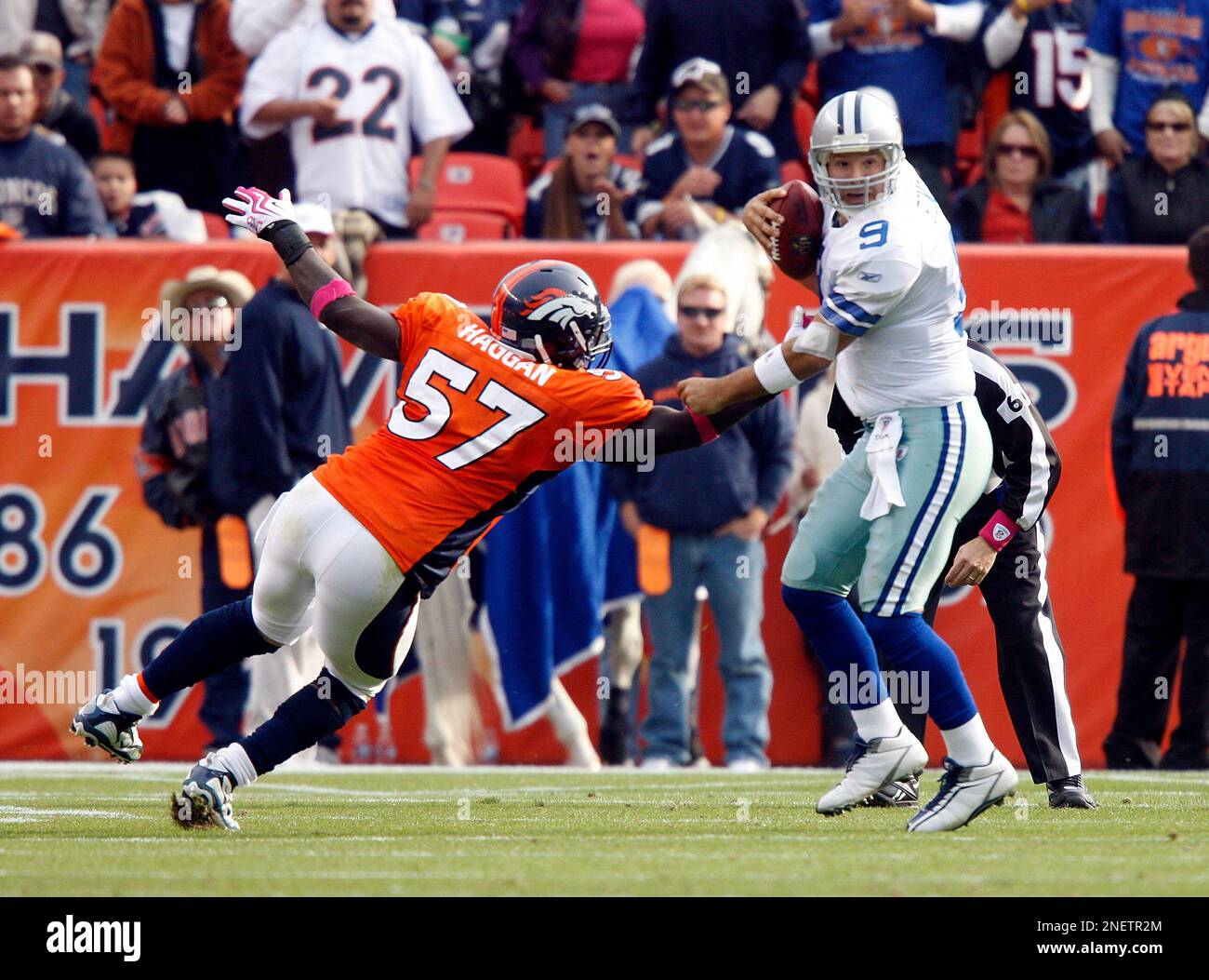 Denver Broncos linebacker Mario Haggan (57) tries to sack Dallas ...