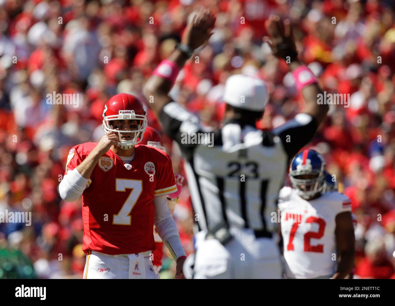 Kansas City Chiefs quarterback Matt Cassel, left, looks toward referee ...