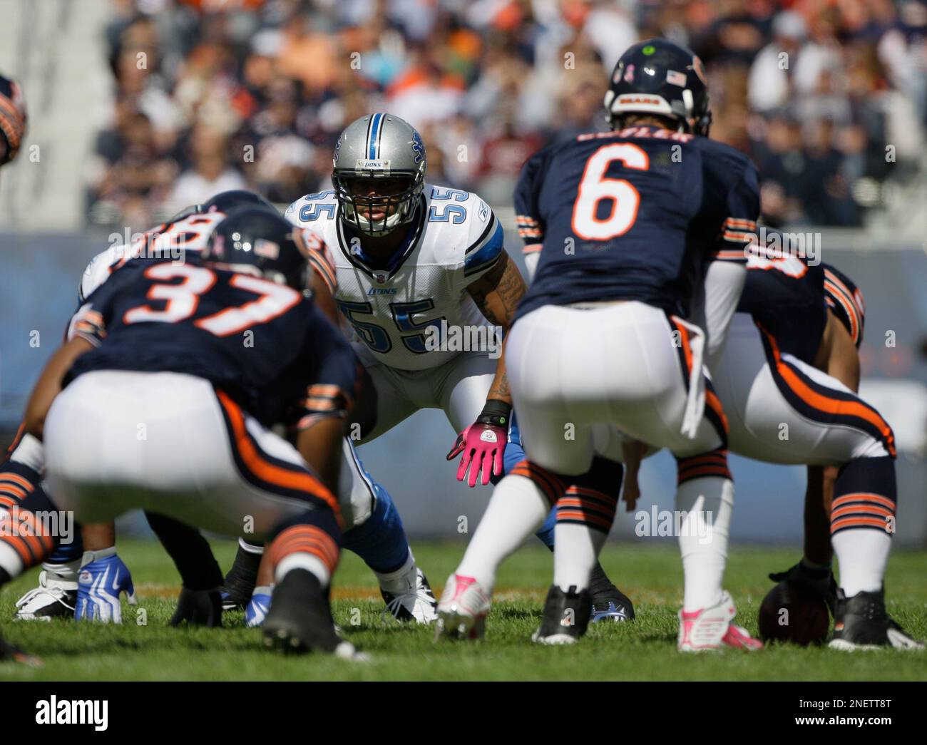 Detroit Lions linebacker Larry Foote (55) waits for a snap during the ...