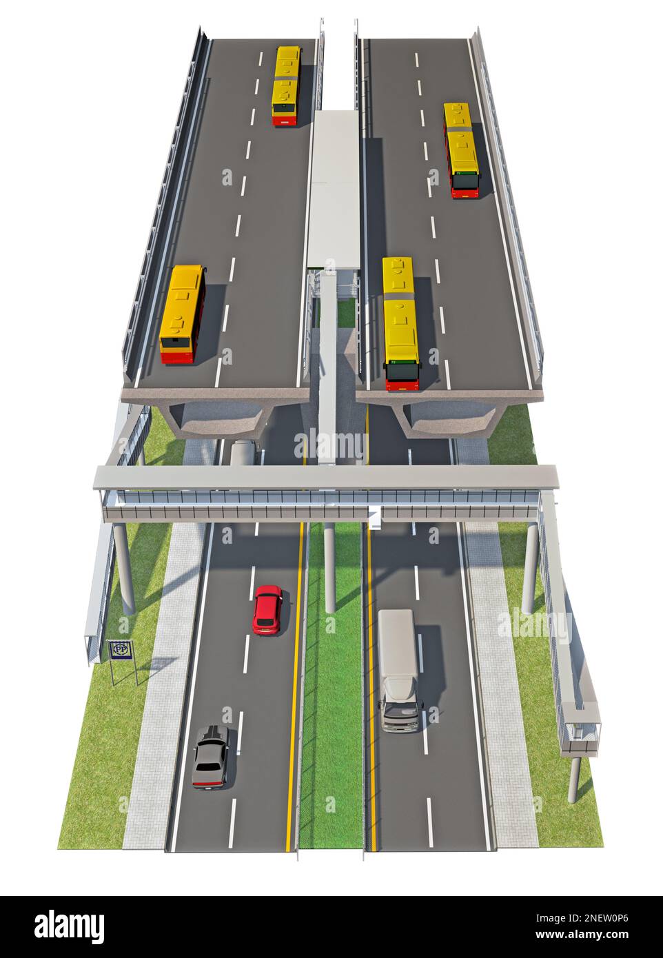 part of a two-level road with an elevated walkway isolated on white. 3d ...