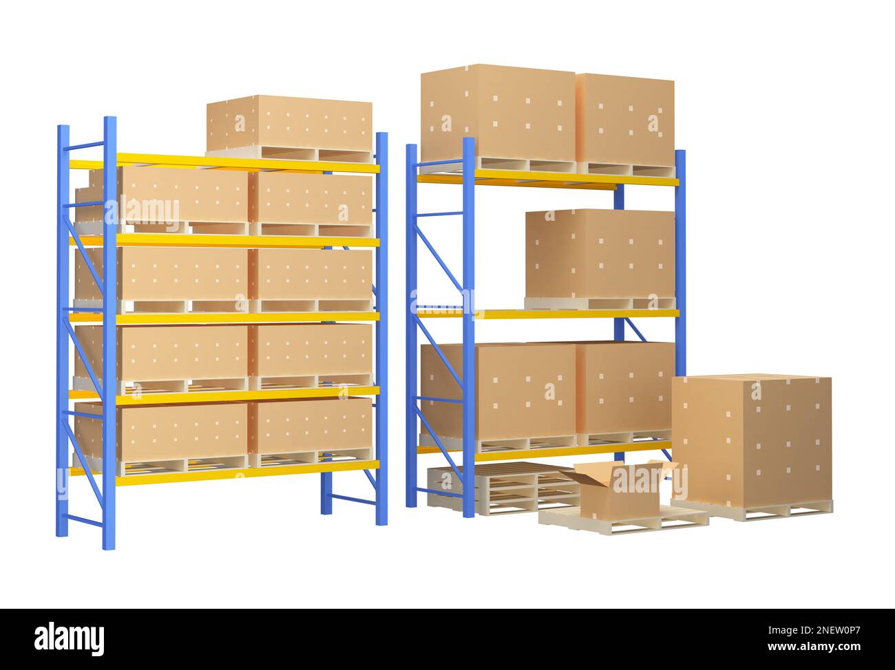 composition with storage racks with boxes isolated on white. 3d ...