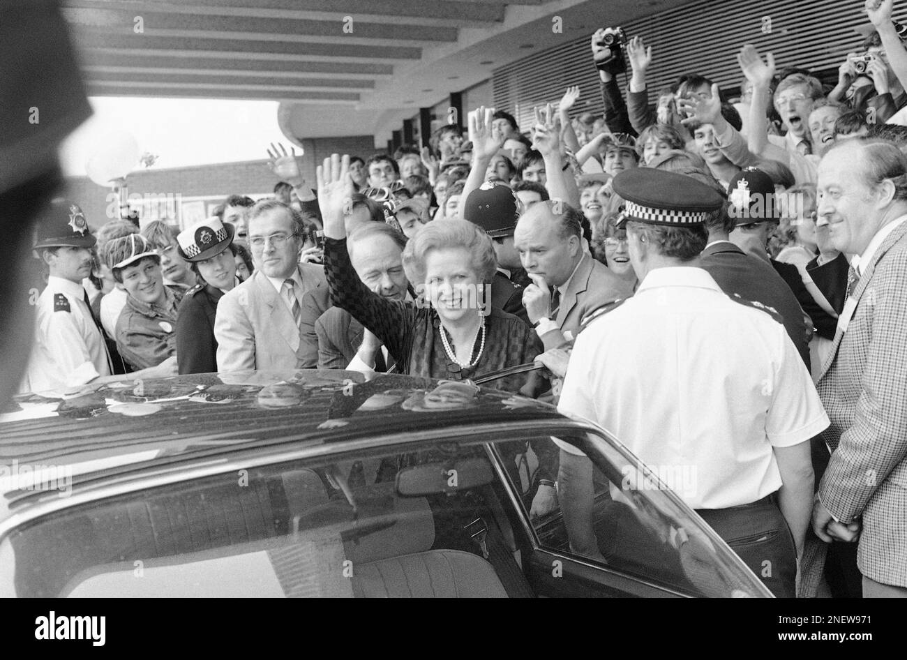 A wave from British Prime Minister Margaret Thatcher as she leaves the ...