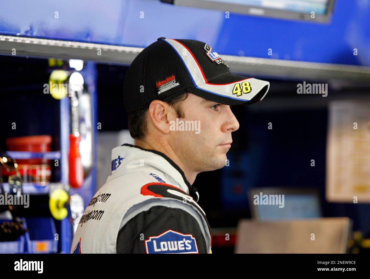 NASCAR driver Jimmie Johnson (48) in the garage during practice ...