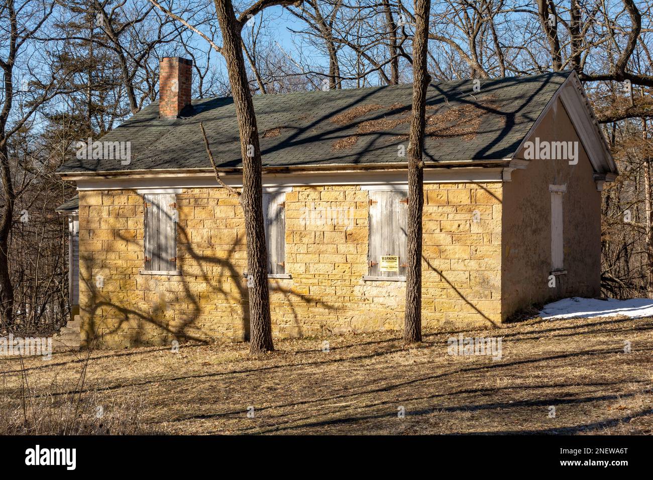 Old abandoned one room limestone built schoolhouse in Adeline, Illinois ...