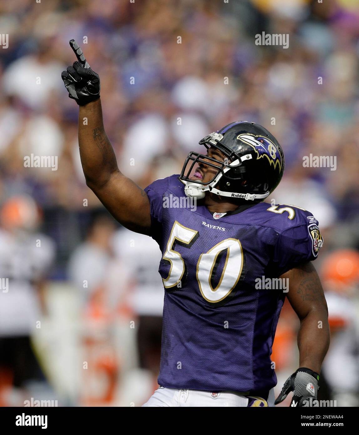 Baltimore Ravens linebacker Antwan Barnes (50) celebrates after making ...