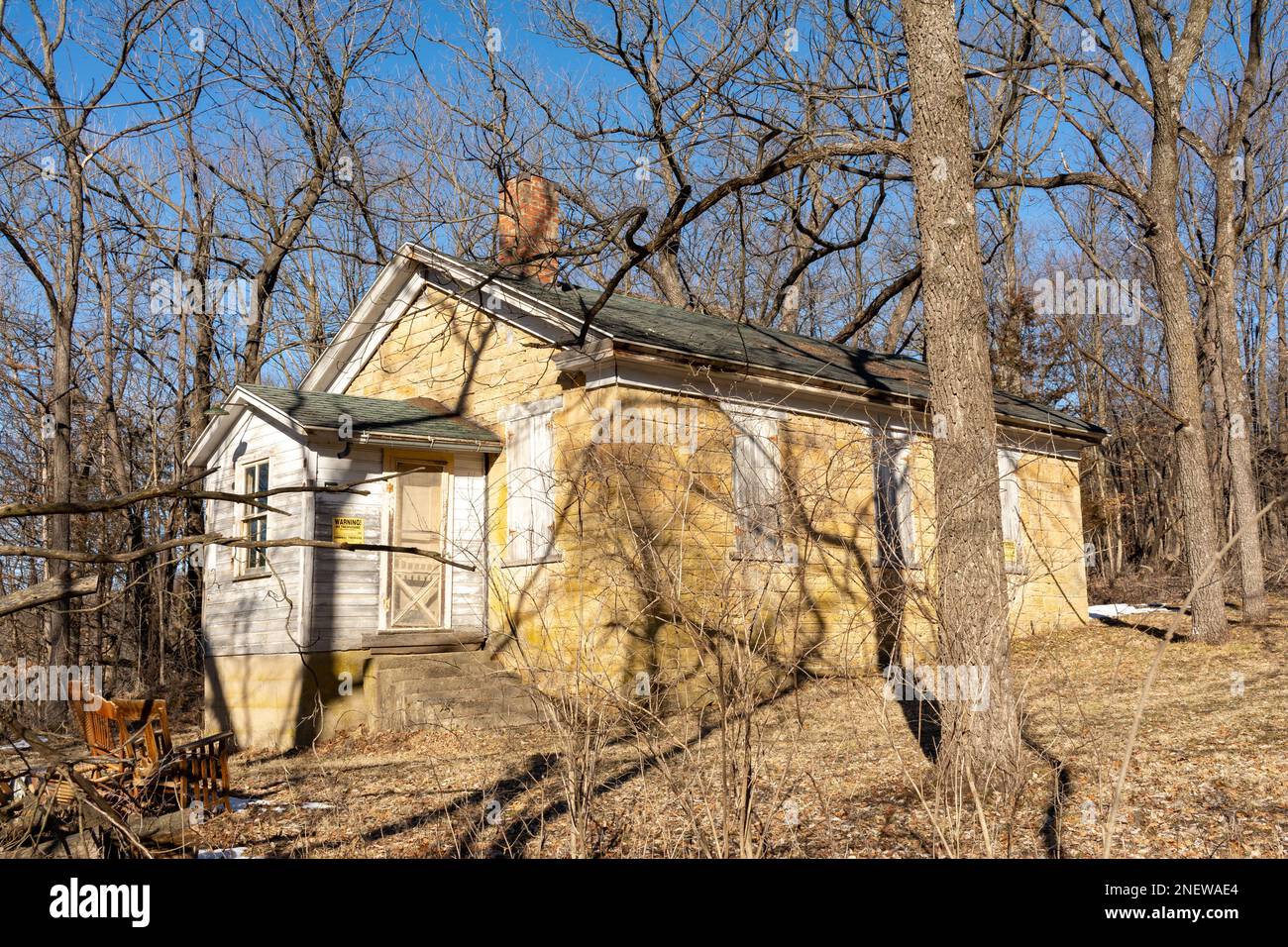 Old abandoned one room limestone built schoolhouse in Adeline, Illinois ...