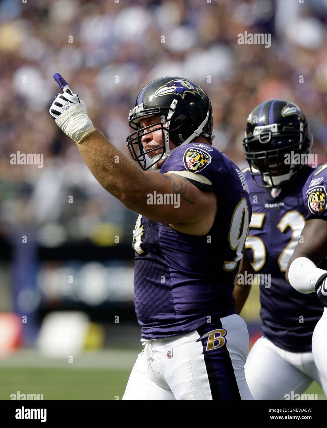 Baltimore Ravens defensive tackle Justin Bannan celebrates after the ...
