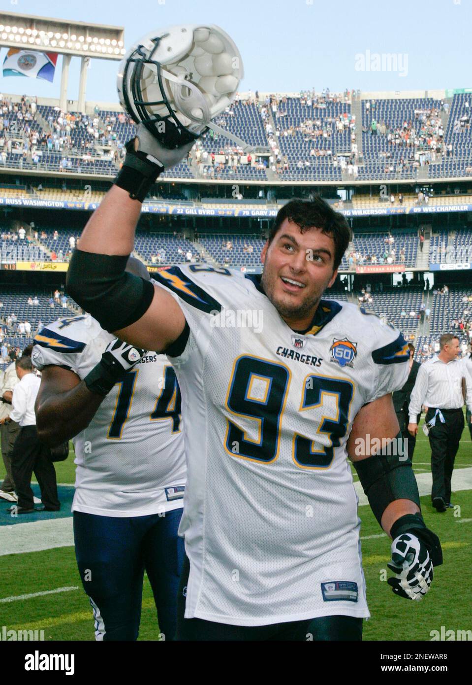 San Diego Chargers Luis Castillo celebrates during an NFL Football game ...