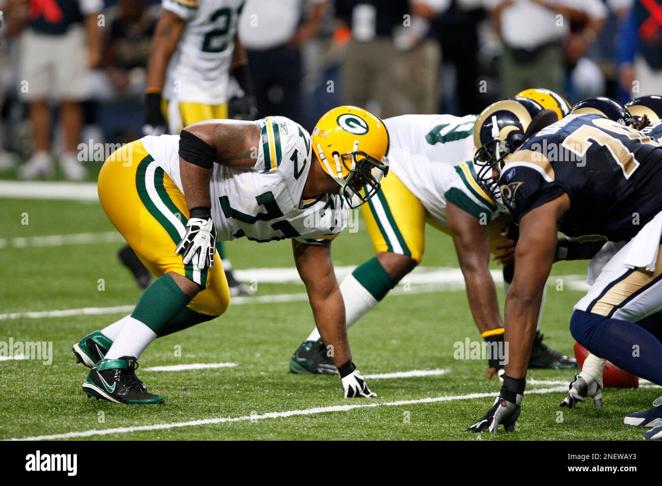 Green Bay Packers defensive end Cullen Jenkins gets set during the ...