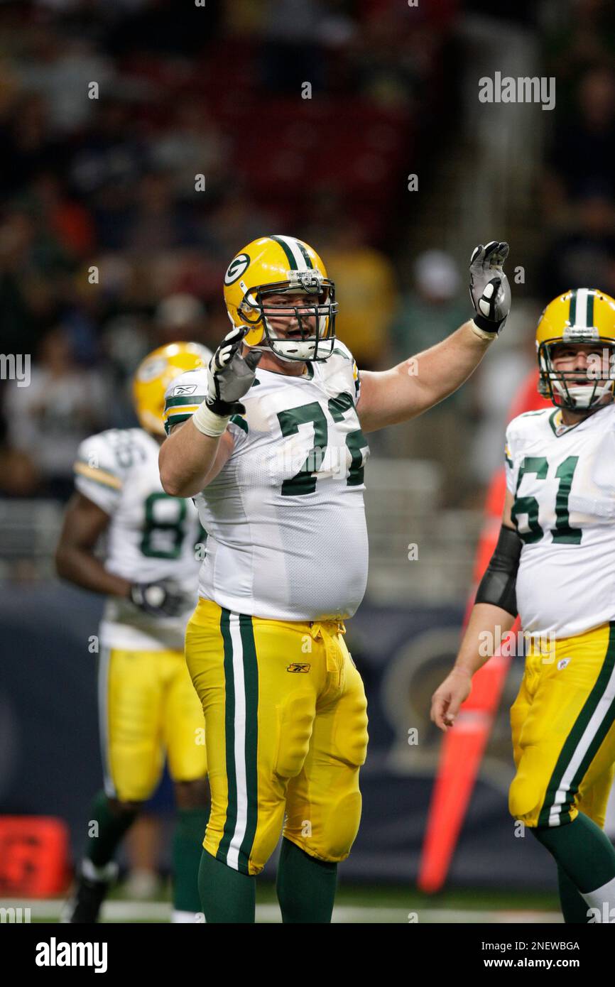 Green Bay Packers guard Jason Spitz celebrates after a Packers ...