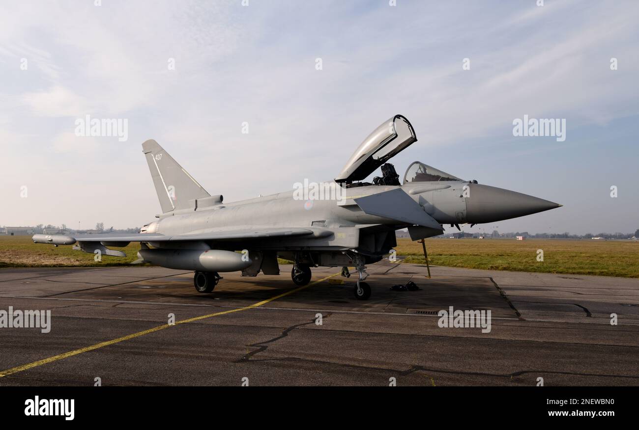 A Royal Air Force Eurofighter Typhoon FGR4 sits on the taxiway at Royal ...