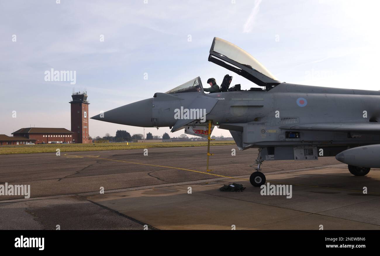 A Royal Air Force Eurofighter Typhoon FGR4 sits on the taxiway as its ...