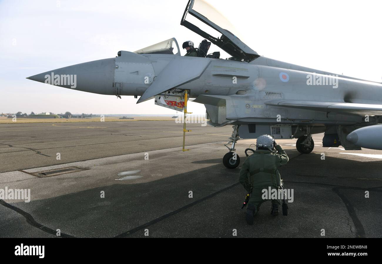 A Royal Air Force Eurofighter Typhoon FGR4 sits on the taxiway as ...