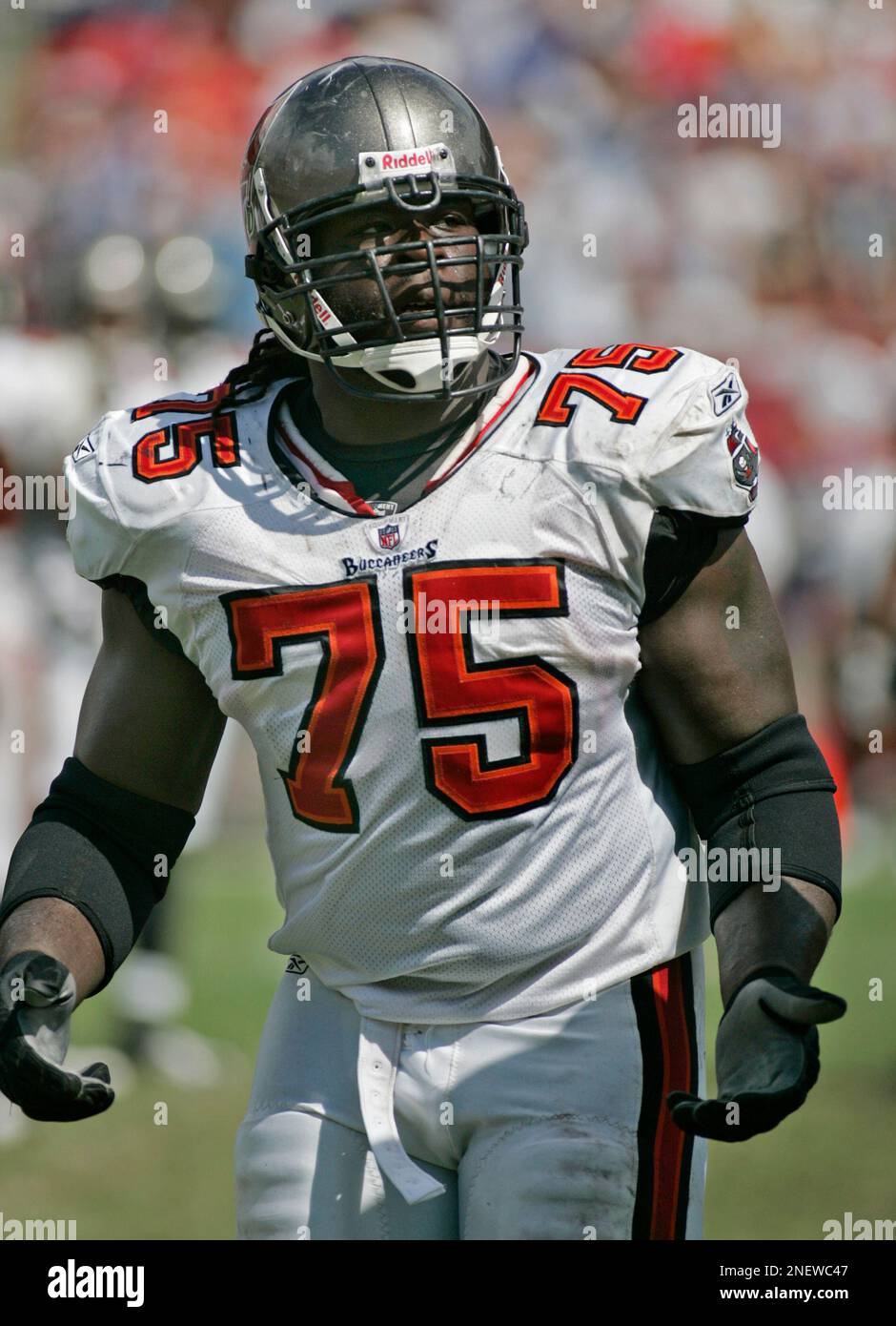Tampa Bay Buccaneers guard Davin Joseph (75) watches the replay during ...