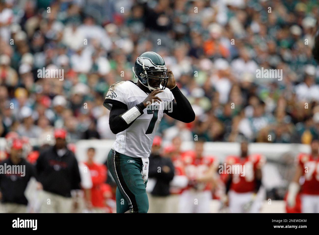 Philadelphia Eagles quarterback Michael Vick runs off the field during ...