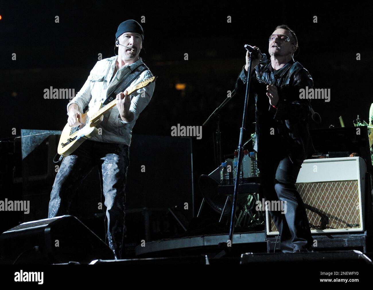 Guitarist The Edge, left, and lead singer Bono of the rock band U2 ...