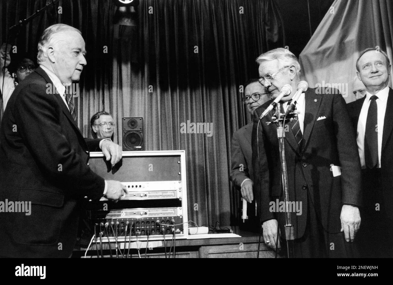 Sen. Charles Mathias, Jr., R-Md., pushes a button on Capitol Hill to ...