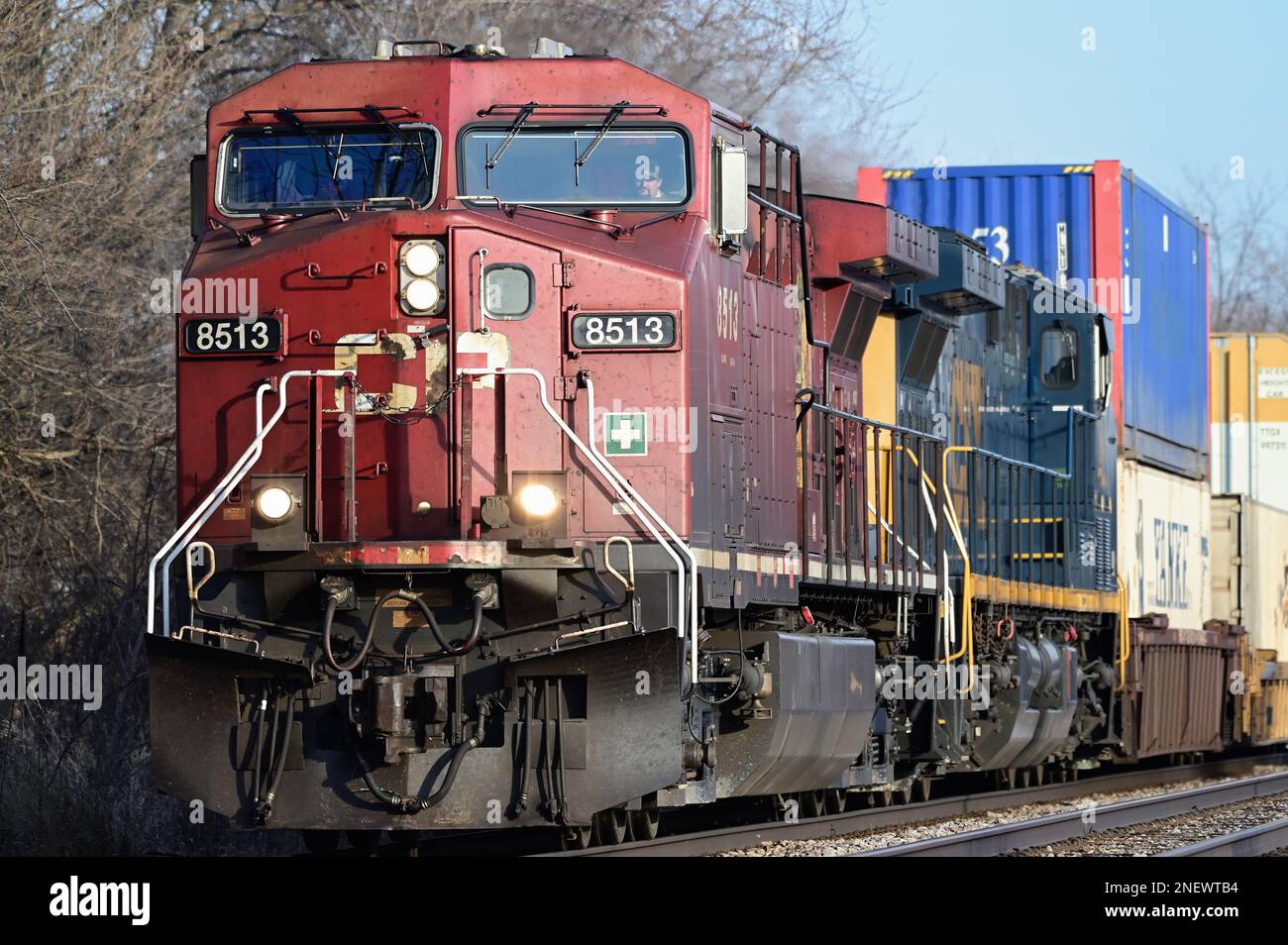 Bartlett, Illinois, USA. A pair of locomotives lead a Canadian Pacific Railway freight train ...