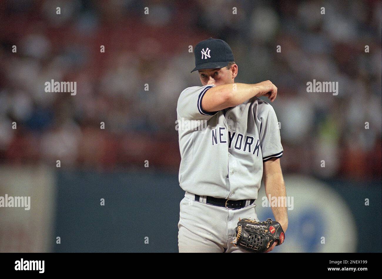New York Yankees pitcher Wally Whitehurst wipes his face after ...