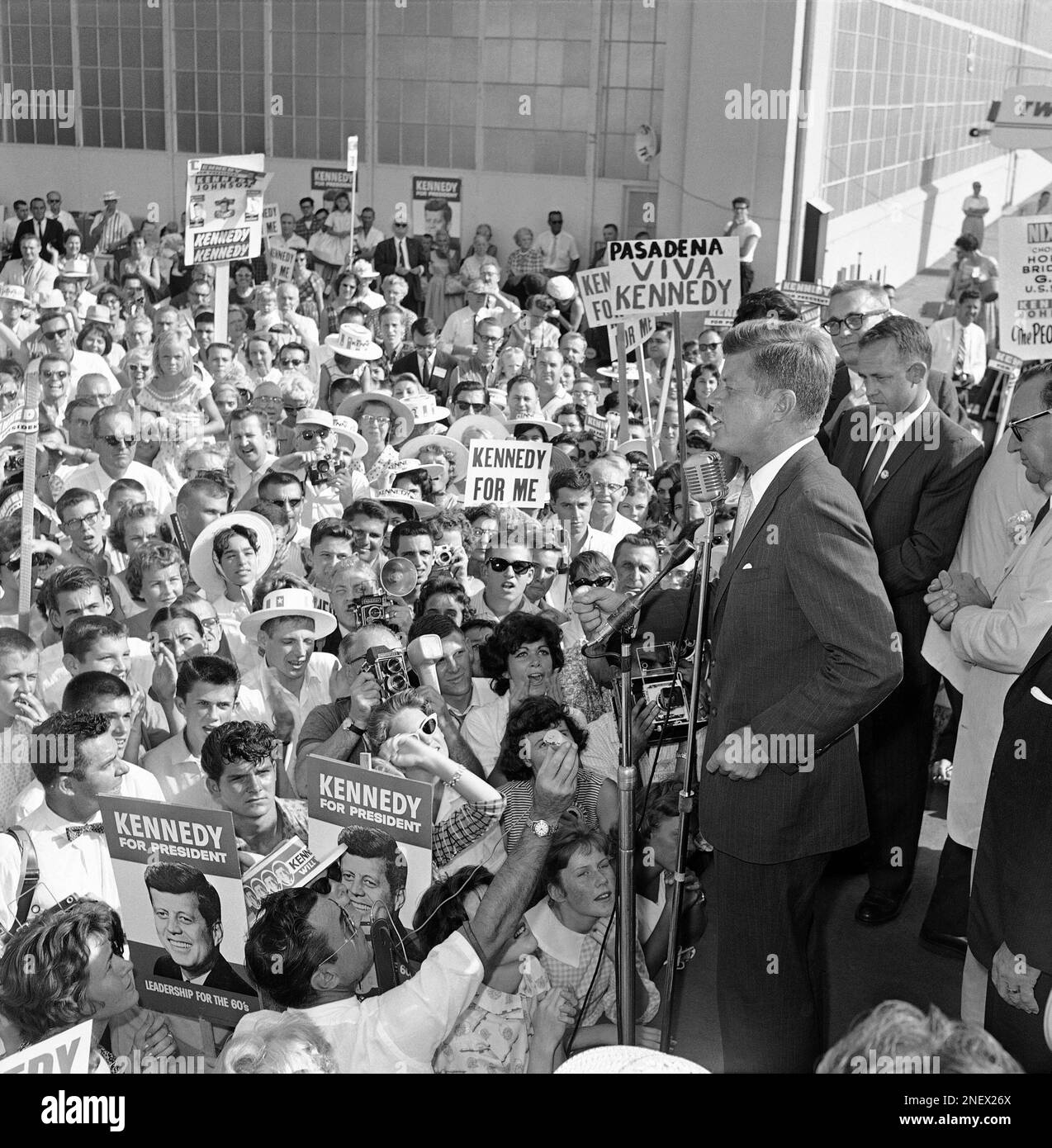Sen. John F. Kennedy talks to crowd at Lockheed Air Terminal as he ...