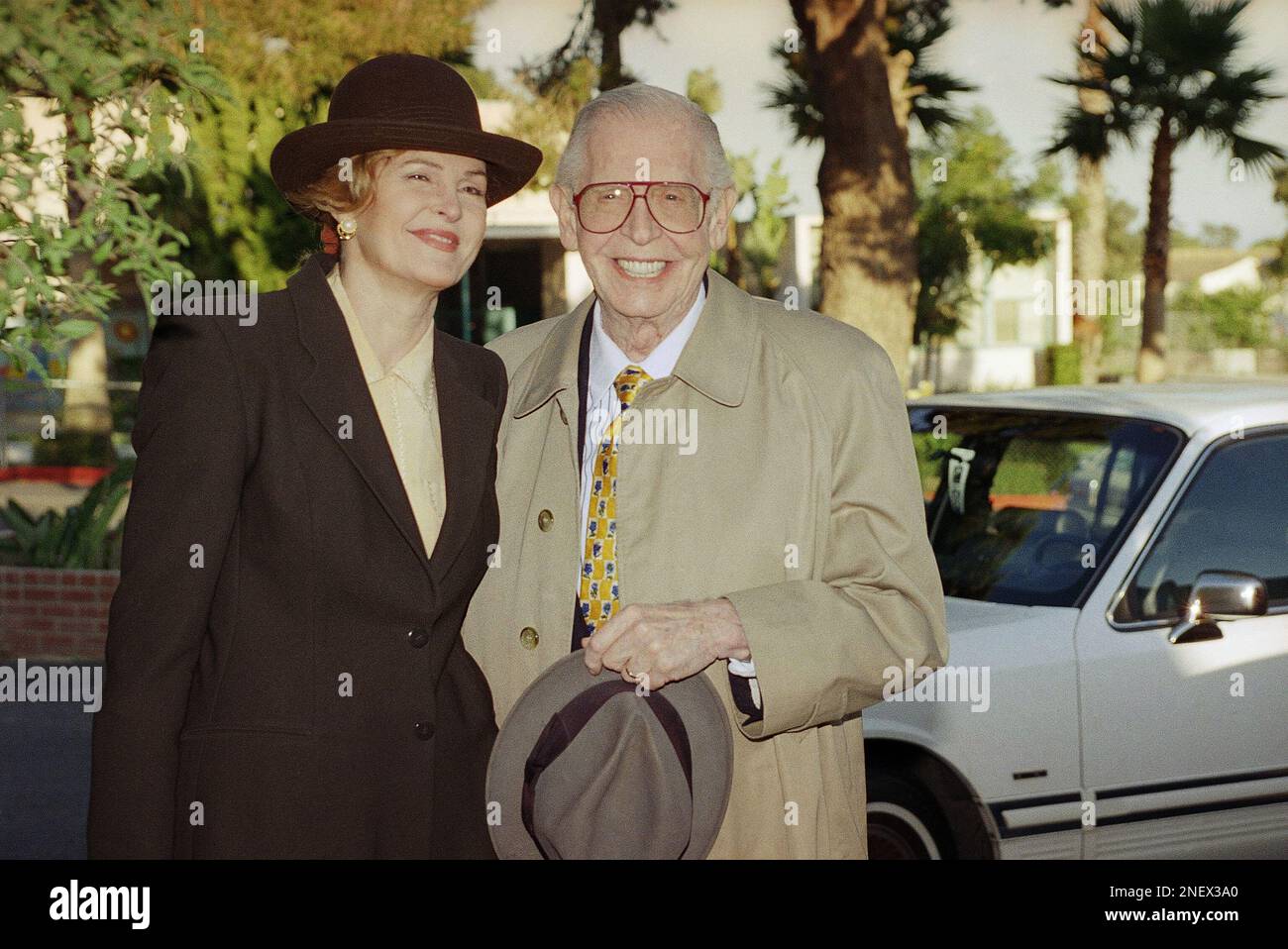 Milton Berle and his wife Lorna arrive at Out Lady of Malibu church to ...
