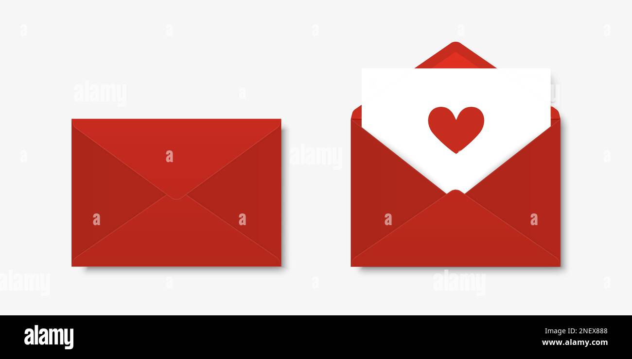 Vector Realistic Red Closed, Opened Envelope with Letter and Heart Inside. Folded and Unfolded ...