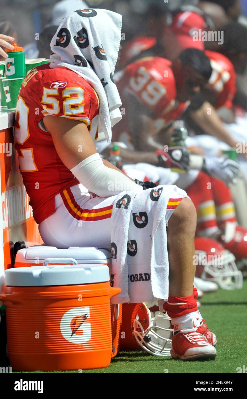 Kansas City Chiefs linebacker Monty Beisel sits on the bench with a ...