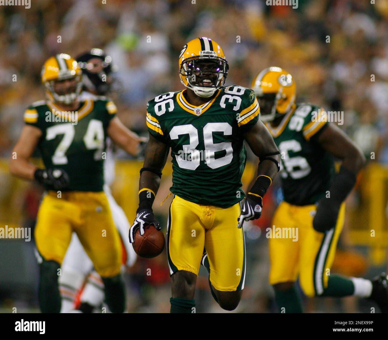Green Bay Packers safety Nick Collins (36) reacts after an interception ...