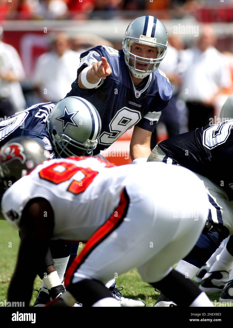 Dallas Cowboys quarterback Tony Romo (9) calls out coverage during an ...