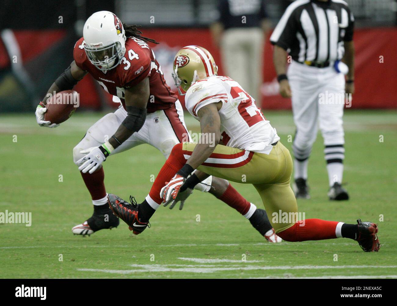 Arizona Cardinals running back Tim Hightower (34) is stopped by San ...