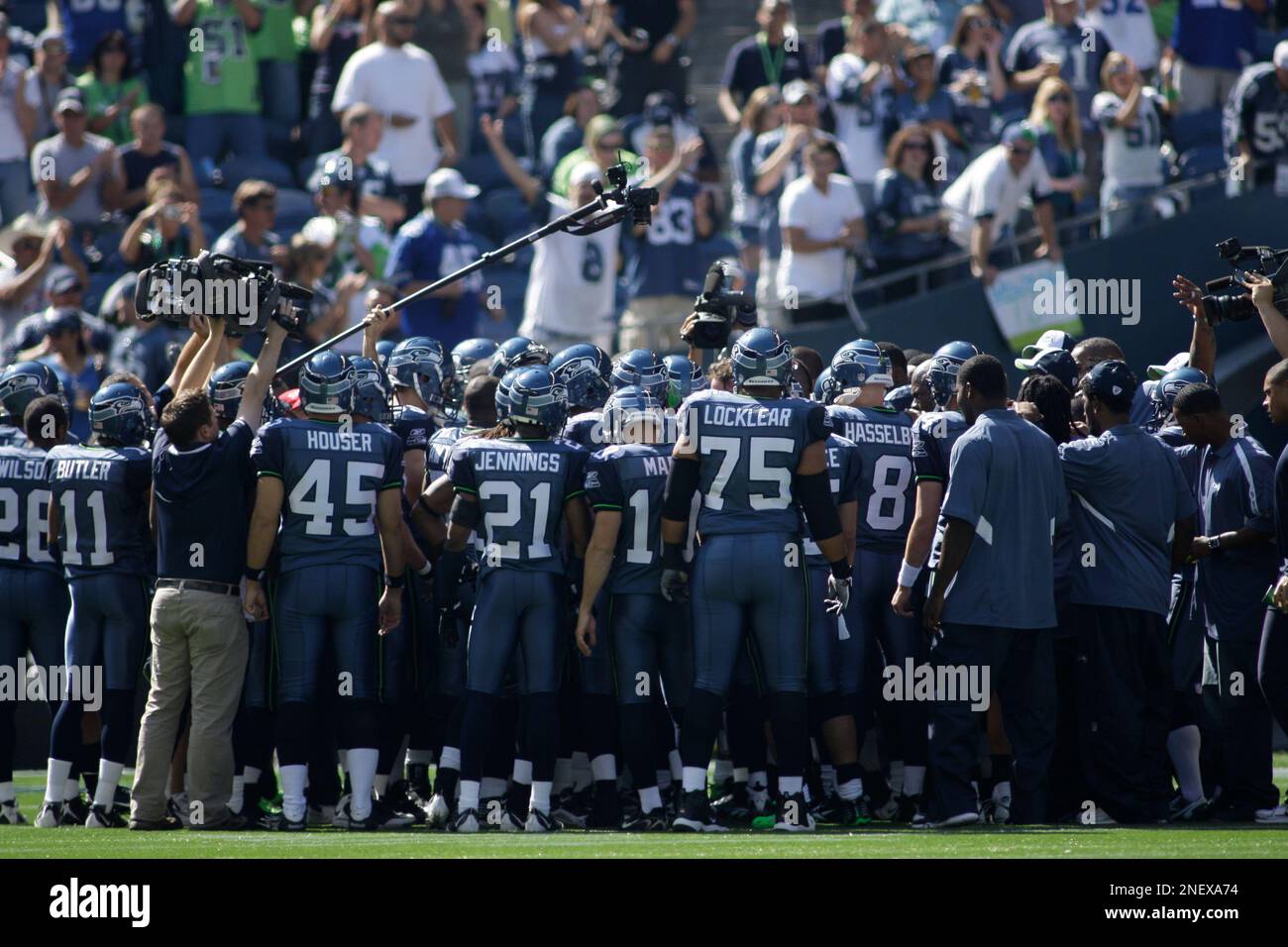 Seattle Seahawks huddle before the game Sept. 13, 2009, in Seattle in ...