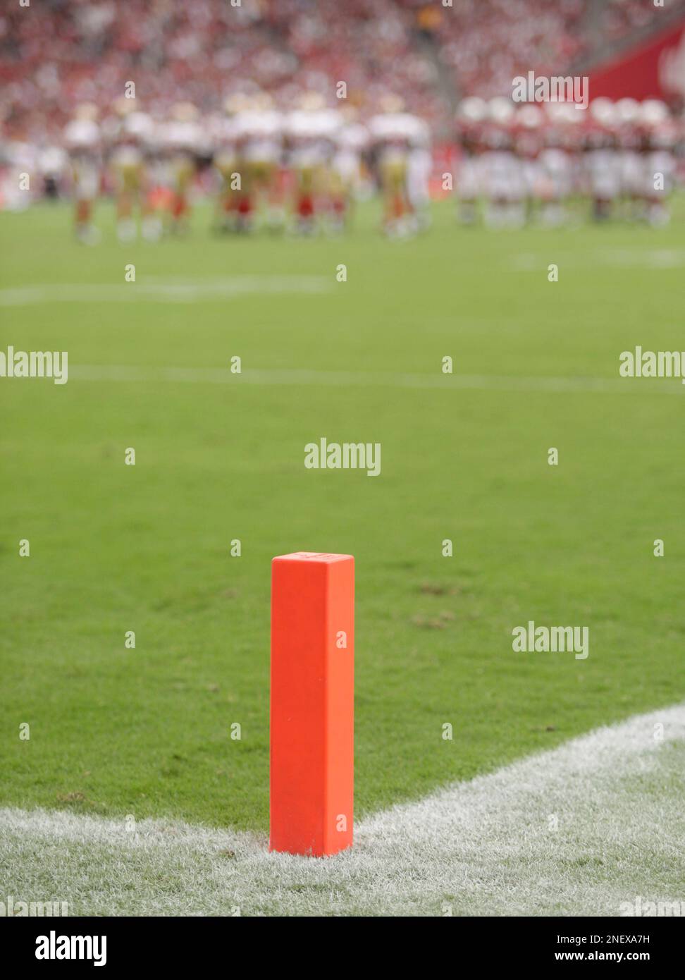 A goal pylon is shown during the first half of an NFL football game ...