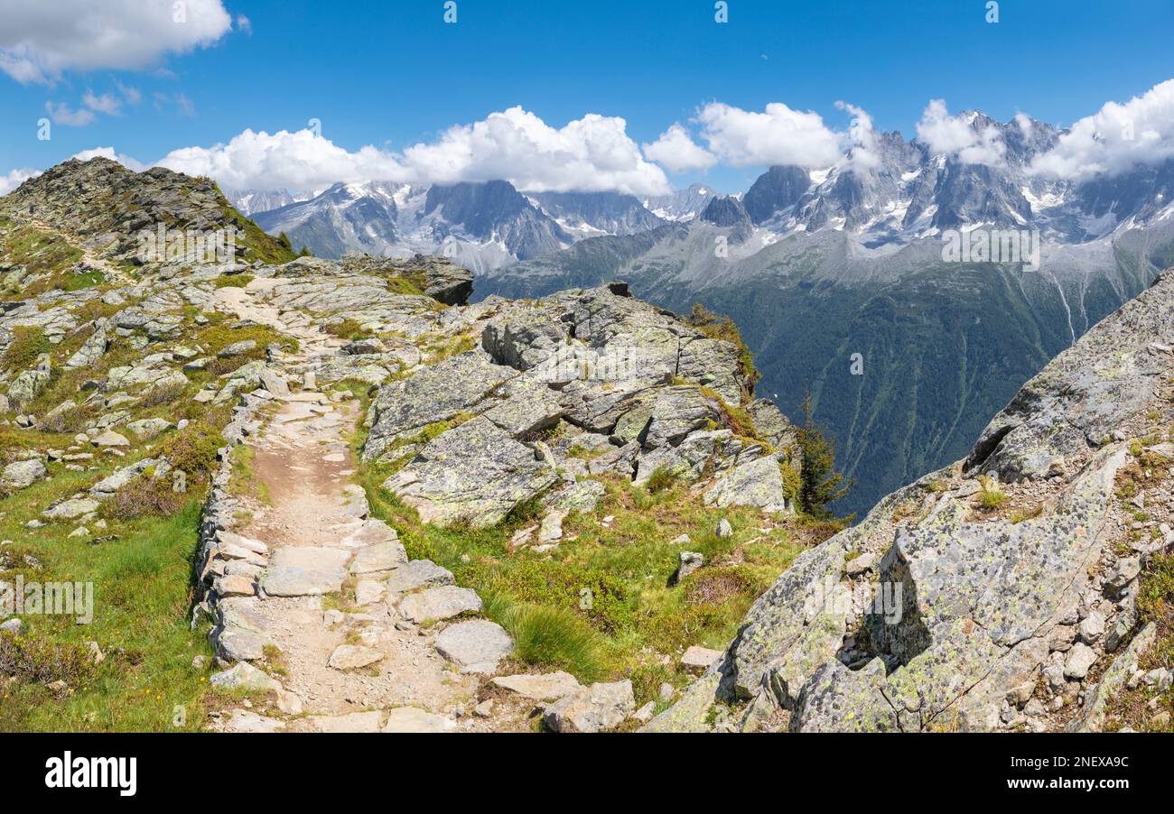 The tower Les Aiguilles in Mont Blanc massif from ascent to Brevent ...