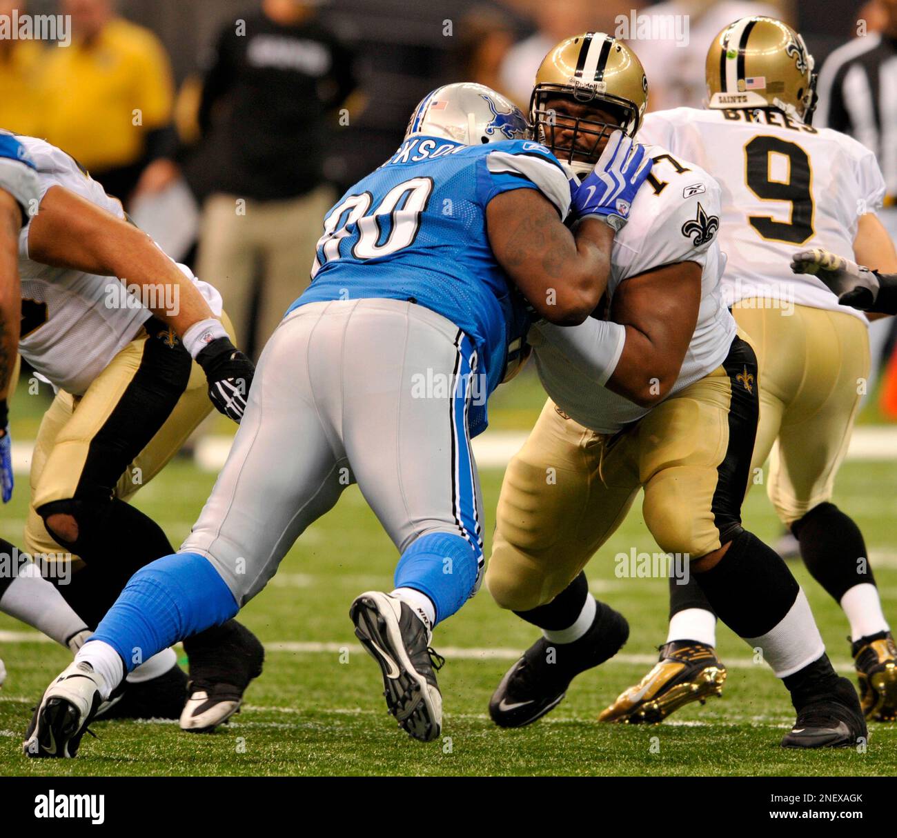 New Orleans Saints guard Carl Nicks (77) blocks Detroit Lions defensive ...
