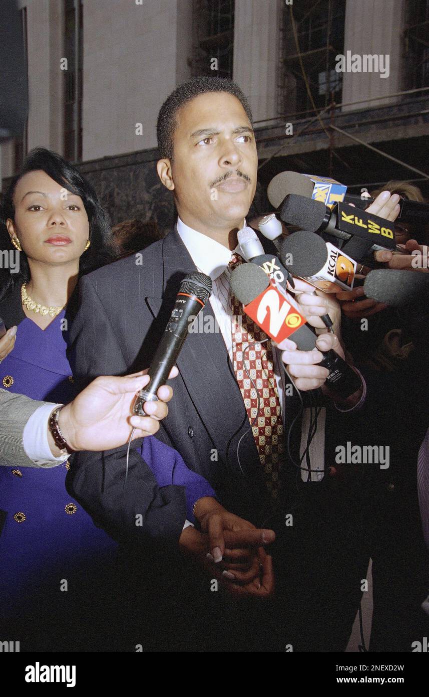 Former Congressman Walter Tucker III talks to the media in Los Angeles ...