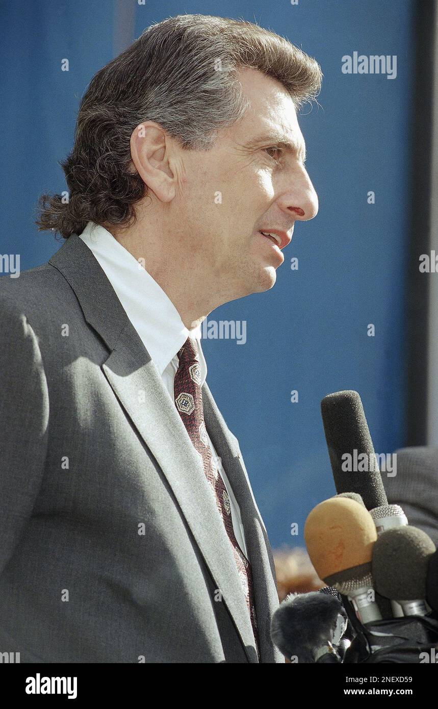 Attorney Barry Levin, co-counsel for Erik Menendez, speaks, April 17, 1996 in Los Angeles after ...