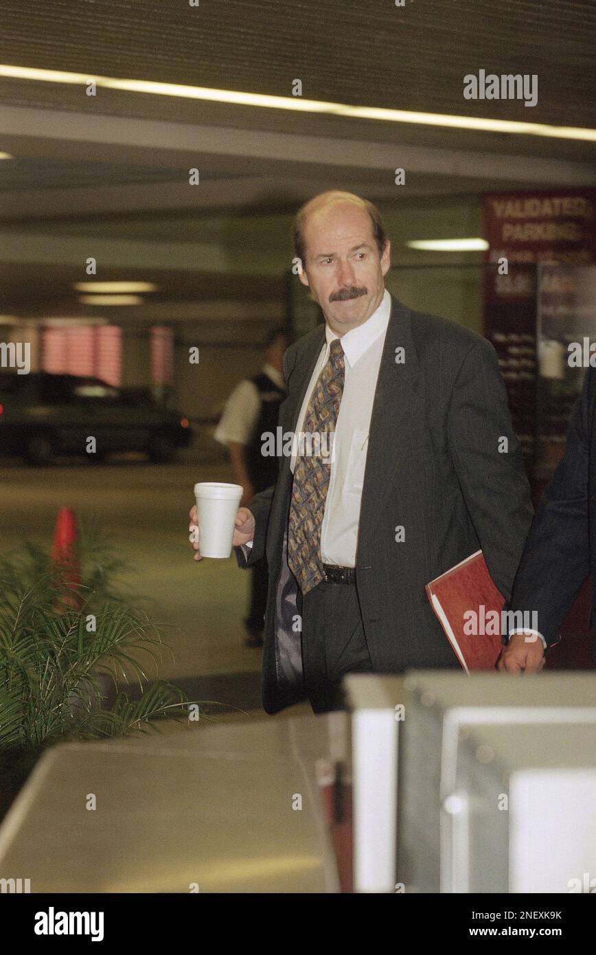 Los Angeles Police detective Tom Lange arrives at the Los Angeles ...