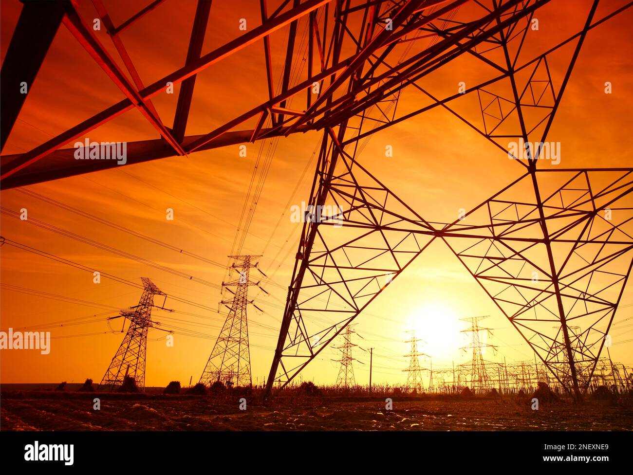 Wire electrical energy at sunset Stock Photo - Alamy