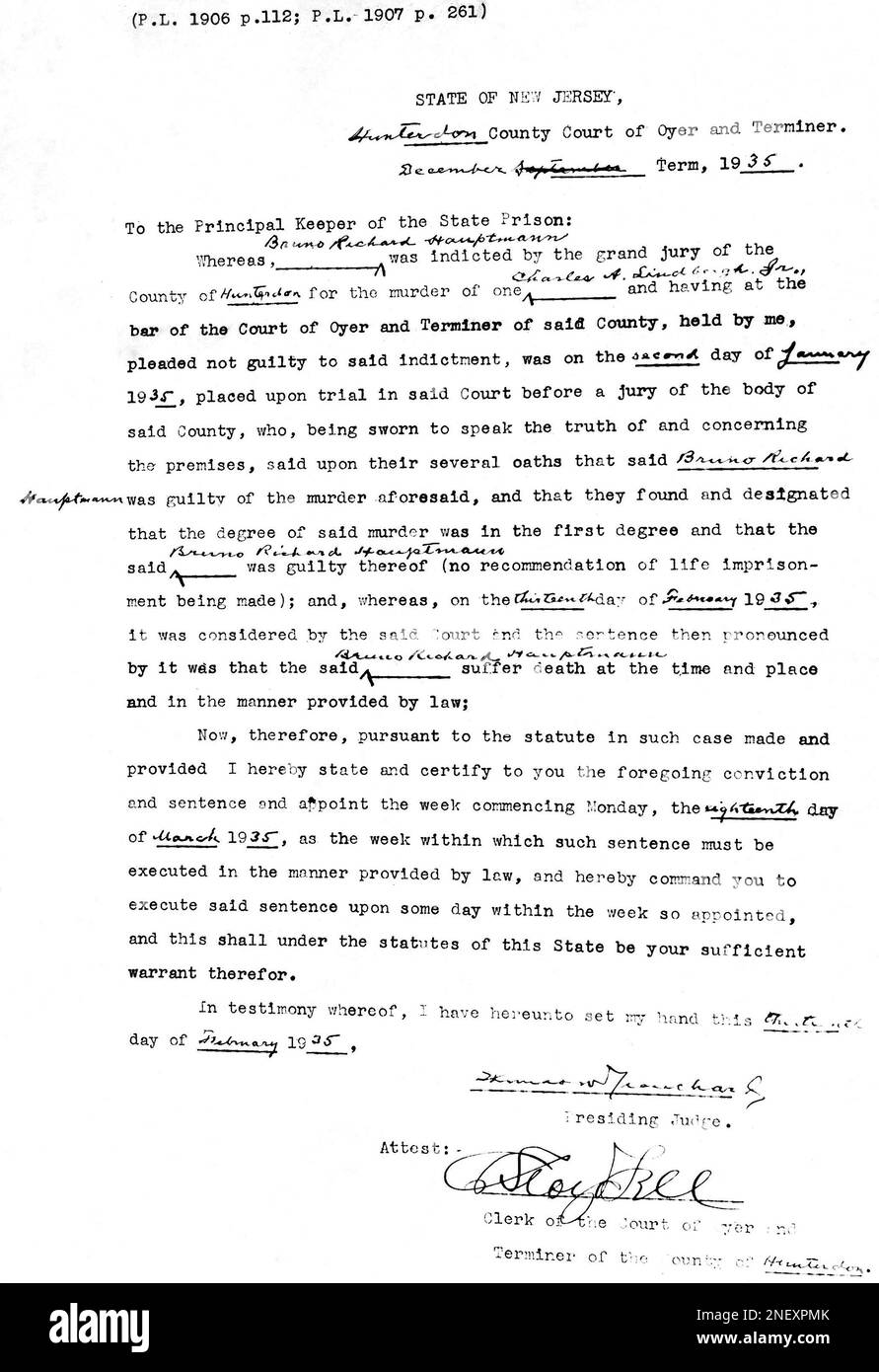 Here is the death warrant, signed by Judge Thomas W. Trenchard at ...