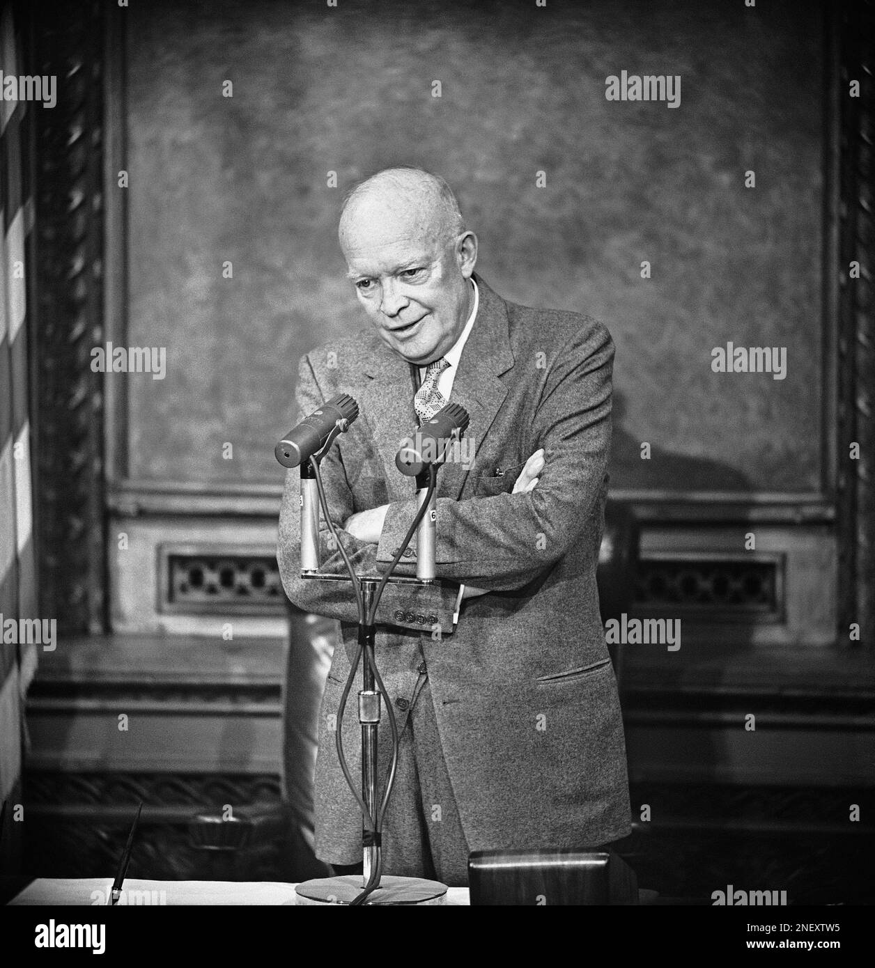 President Dwight Eisenhower answers a question at news conference, Feb ...